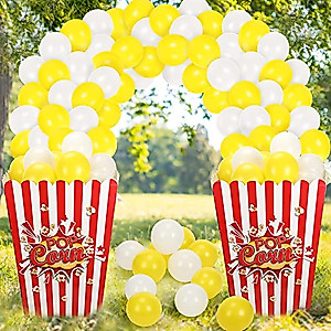 2 Pieces Giant Popcorn Box Cardboard Stand up with 100 Balloons Movie Popcorn 3D Popcorn Box Cardboard Stand up and Yellow White Popcorn Theme Balloons Carnival Decorations for Movie Themed Party