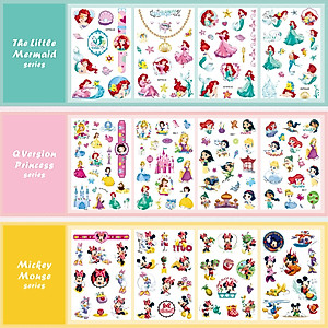 Princess Tattoos Kids, ACSAUMMY 40 Sheet Cartoon Tattoos Party Favor Set for Girls Boys 9 Cute Princess Series Temporary Tattoo Stickers Mickey Mouse Tattoo Stickers for Kids Party Decor Supply