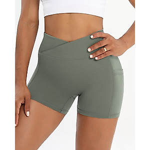 Workout Shorts for Women 2 Pcs Pack Cross Waist Active Gym Spandex Stretchy Yoga Compression with Side Pockets Burgundy+Olive-M