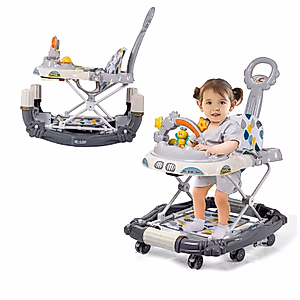 Boyro Baby 4 in 1 Baby Walker, Baby Walkers for Boys and Girls with Removable Footrest, Feeding Tray and Rocking Function with Music Tray, Foldable Activity Walker for Baby 6-18 Months, Help Baby Walk