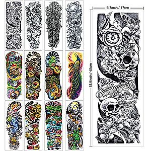 Full Arm Temporary Tattoo (18 Sheets), Konsait Extra Temporary Sleeve Tattoo Black Waterproof Tattoo Body Stickers for Man Women