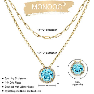 MONOOC Birthstone Necklace for Women, Aquamarine Necklace Birthstone Necklace Layered Gold Necklaces for Women Aquamarine Necklace for Women Aquamarine Jewelry for Women Teen Girls Gifts Blue