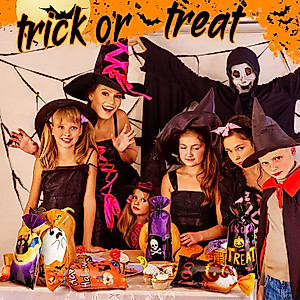 Hotop 120 Pcs Halloween Cellophane Bags Plastic Trick or Treat Candy Bags Goodie Cookie Treat Bags with 150 Pcs Gold Twist Ties for Halloween Theme Party Favor Supplies