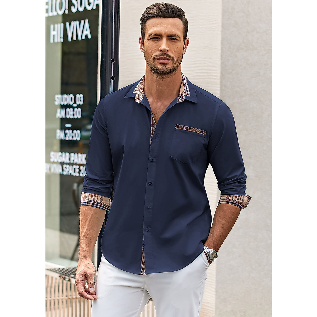 COOFANDY Men's Casual Long Sleeve Shirt Slim Fit Button Down Plaid Collar Dress Shirt Blue Large