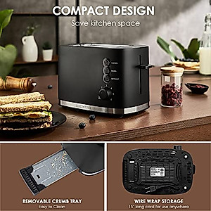 REDMOND Toaster 2 Slice, 1.5" Extra Wide Slots Black Toaster with Reheat, Bagel, Defrost, Cancel Function, 6-Shade Settings, Removable Crumb Tray and High Lift Lever Classic Bread Toaster, 900W