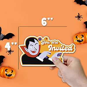 Deluxe Halloween or Costume Party Invitations, 25 Shape Fill-in Cards with Envelopes, Pumpkin, Ghost, Monster, Cute Trick or Treat, Box or Treat for Kids Birthday or Adult party - 4"X6" (JRM376)