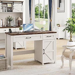 Farmhouse 47" Executive Desk, Computer Desk with Drawers and Storage Cabinet, Workstation Computer Desk for Home Office and Study, Unique White