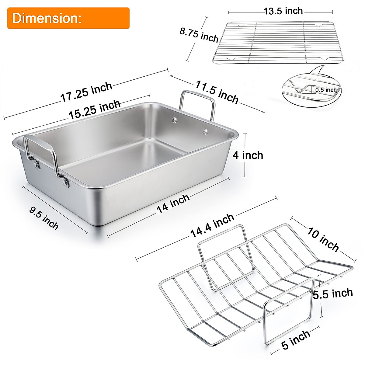 TeamFar Roasting Pan, 15 Inch Large Turkey Roaster Lasagna Pan with V Rack & Cooling Rack Set Stainless Steel For Thanksgiving Christmas, Healthy & Heavy Duty, Deep Side & Dishwasher Safe - 3 PCS
