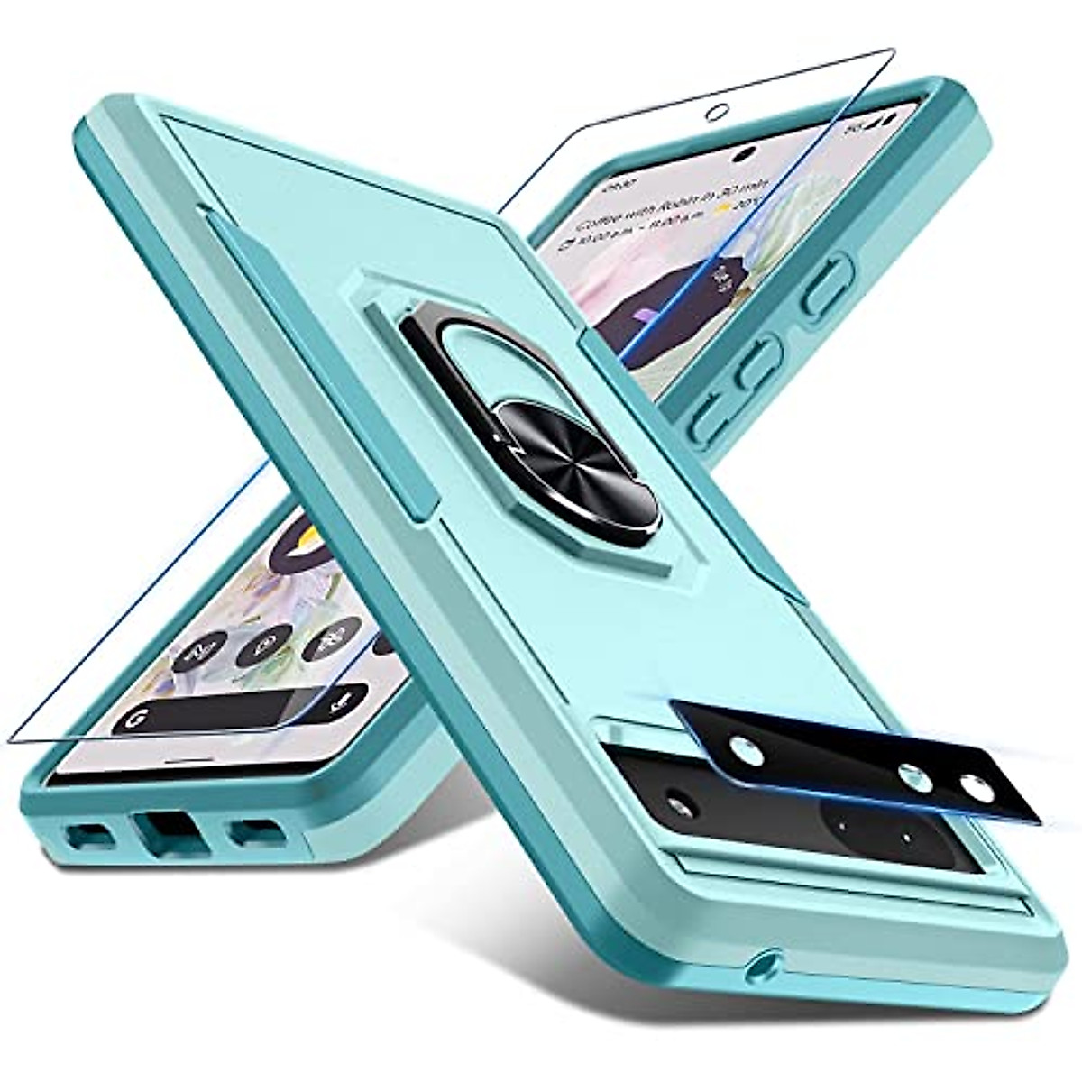 Google Pixel 6a 5G Case with Screen Protector + Camera Lens Protector,Heavy Duty Shockproof Full Body Protective Phone Cover,Built in Rotatable Magnetic Ring Holder Kickstand,2022 Mint Green