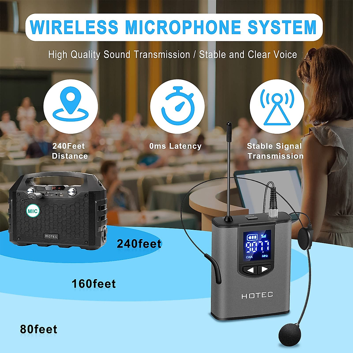 Hotec Wireless System with Dual Headset Microphones/Lavalier Lapel Mics and Bodypack Transmitters and One Mini Rechargeable Receiver 1/4" Output, for Live Performances