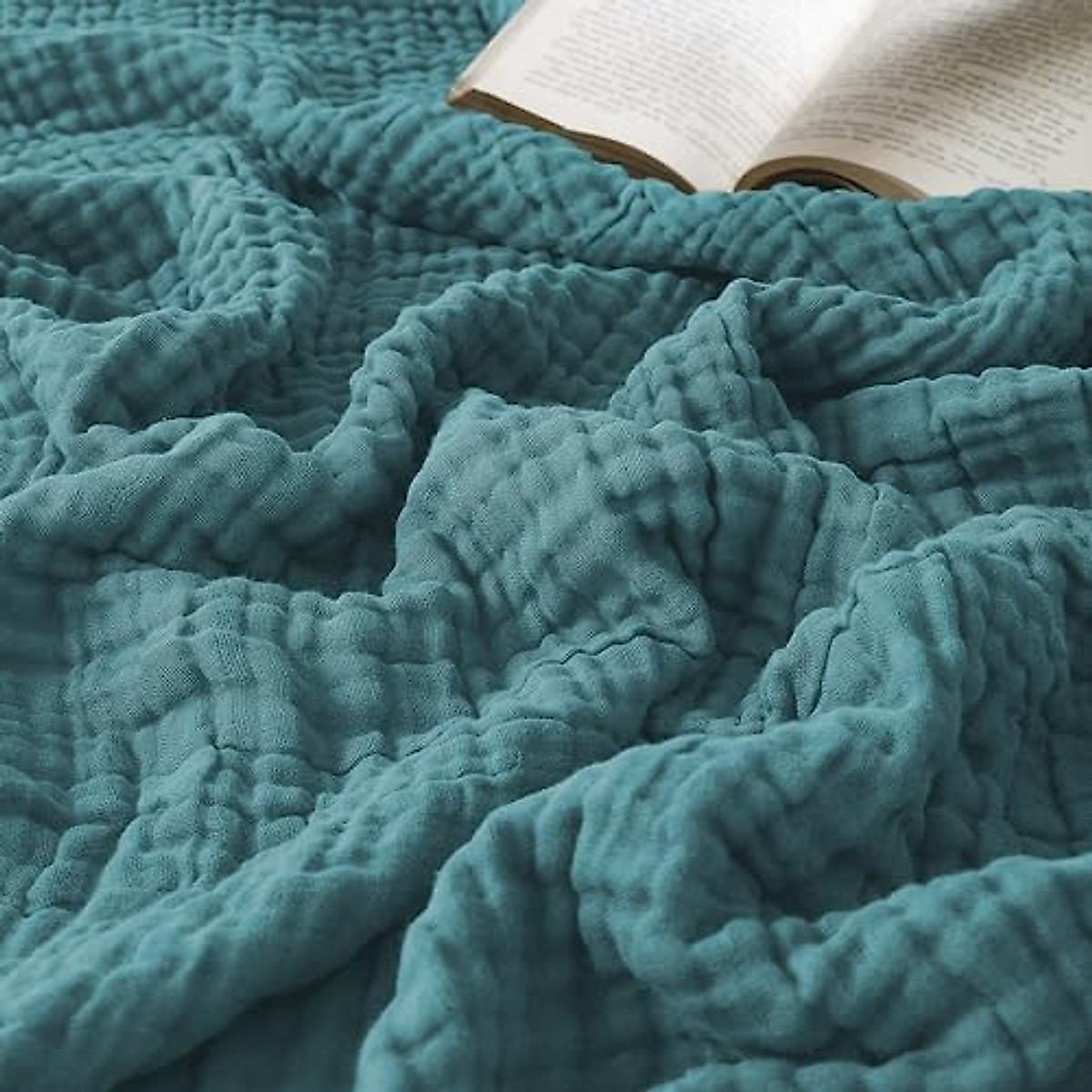 Muslin Throw Blanket, 4-Layer Soft & Breathable Gauze Summer Throw Blanket for Bed, Couch, 50"X60" Lightweight Teal Throw Blanket with Tassels, All Season