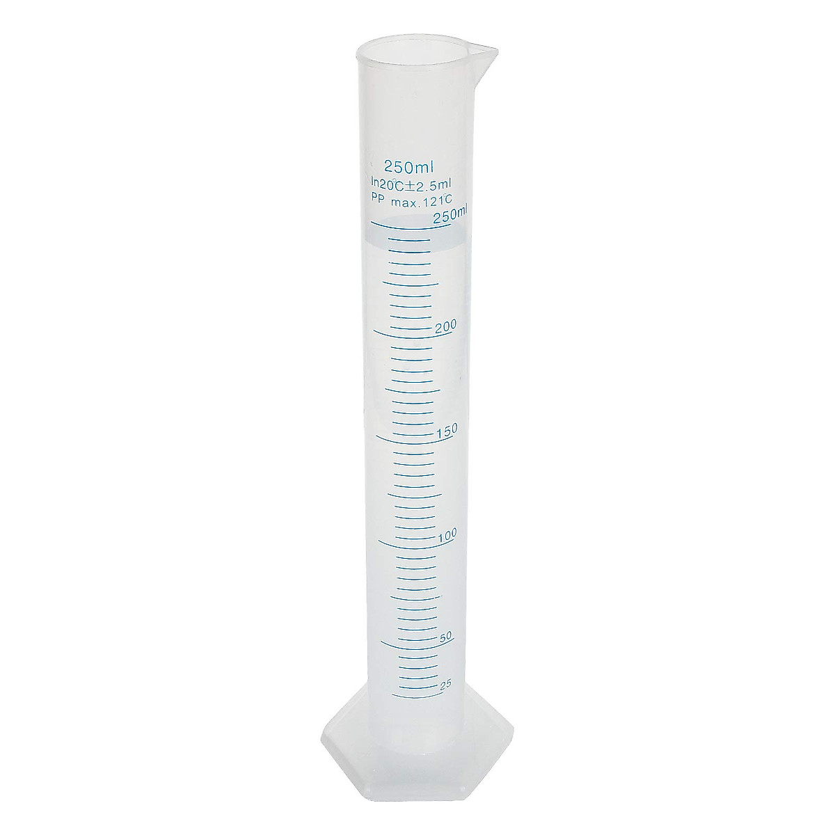 5pcs Measuring Cylinder 250ml Hexagonal Base Transparent Plastic Graduated Cylinder（Blue Scale） Premium Polypropylene 250ml Science Measuring for Lab Test Tube