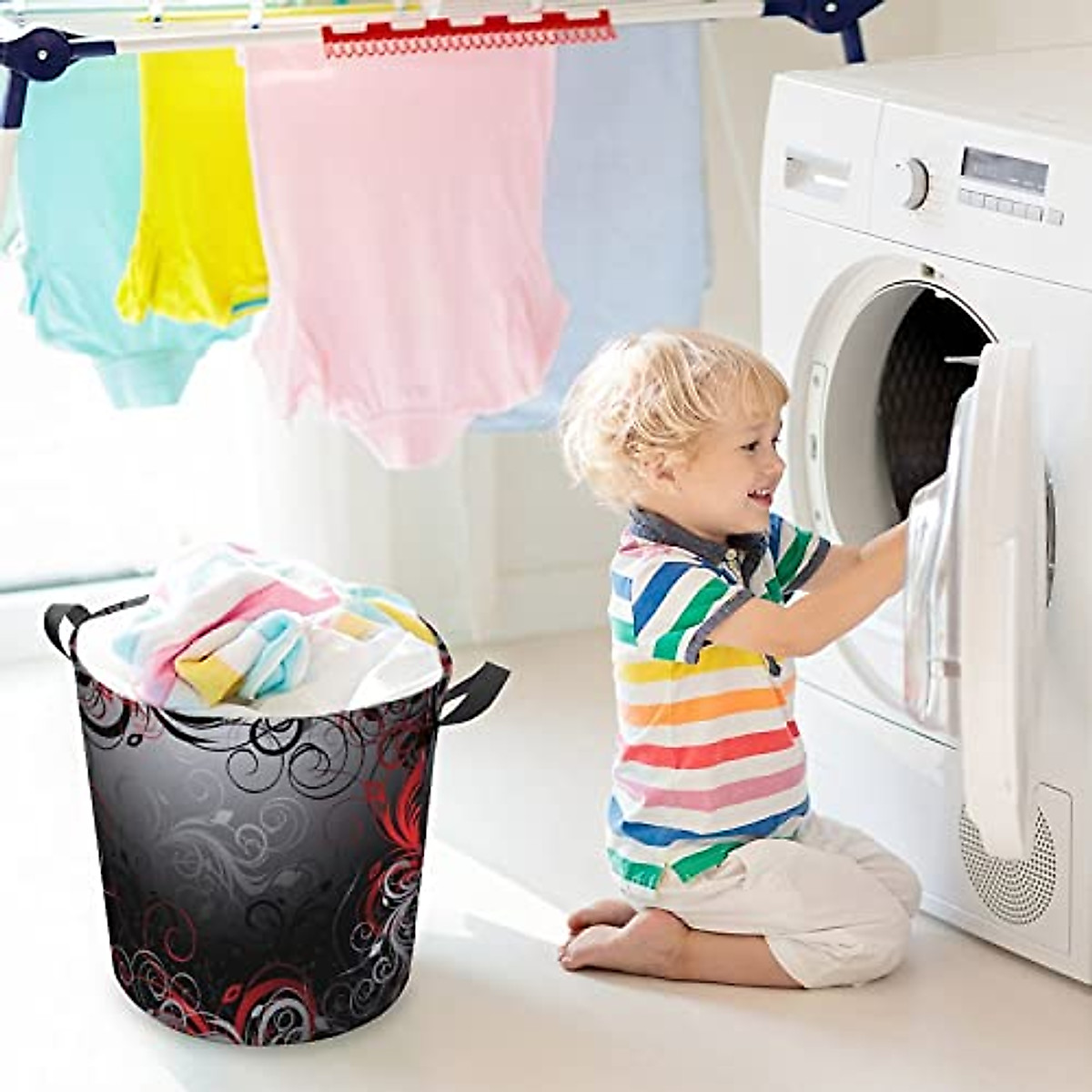 Oyihfvs Red Black Grey Floral Leaf Swirl Abstract Background Collapsible Waterproof Laundry Hamper with Handles, Tall Washing Storage Large Organizer Round Basket Bin for Toys Clothes