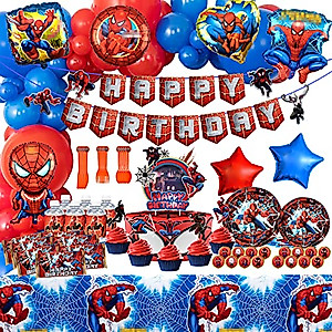 Spider Birthday Decorations,210pcs Birthday Party Supplies Include Happy Birthday Banner,Tableware Set,Tablecover,Cake Toppers,Cupcake Toppers,Foil Balloons,Latex Balloons Set,Bottle Labels,Chocolate Stickers