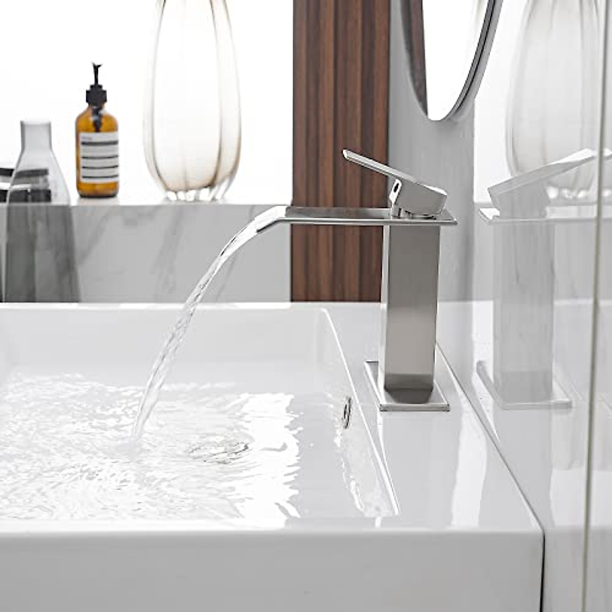 BWE Waterfall Bathroom Faucet Brushed Nickel with Pop Up Drain Stopper Overflow Assembly and Supply Hose Single Handle for Sink 1 Hole Bathroom Sink Faucet Parts Spout Bath Lavatory Vanity