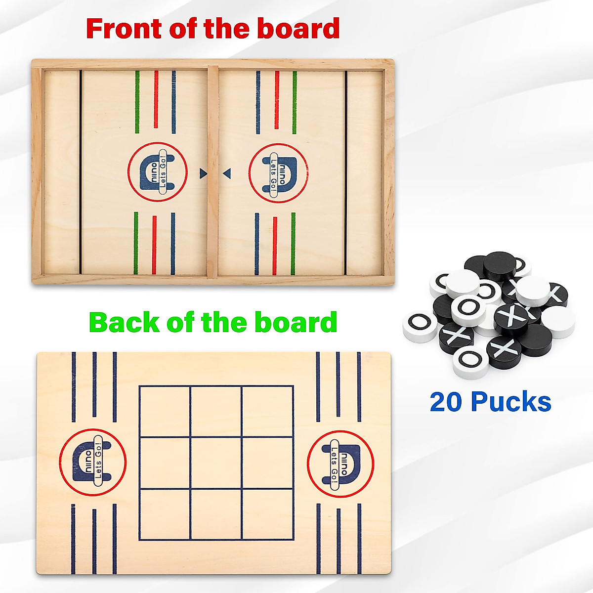 Niino 2 in 1 Fast Sling Puck and Tic Tac Toe Game Board | Tic Tac Toe Board and Family Wooden Hockey Game | String Puck | Gift for Adults & Kids Children | 20 Pucks with Storage Pouch (13 X 8 Inches)