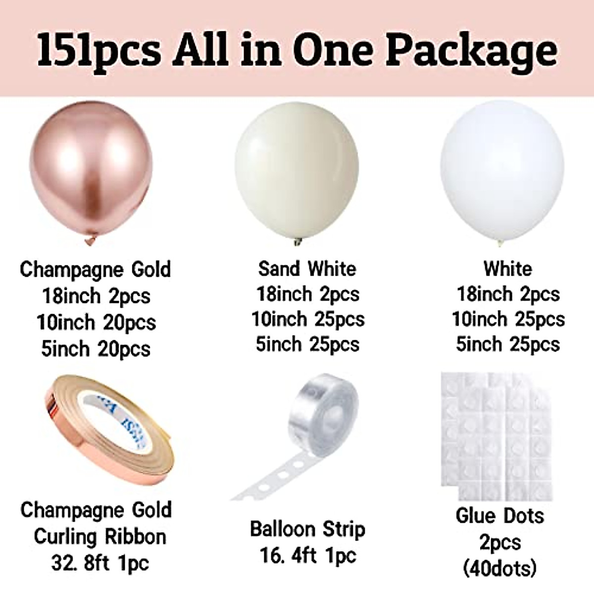 Enanal 150pcs Sand White Balloon Garland Arch Kit, Sand White and Chrome Champagne Gold Balloons for Birthday Wedding Engagement Baby Shower Boho Party Decorations (Sand White)
