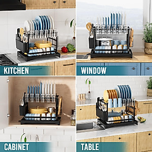 TAILI Dish Drying Rack for Kitchen Counter with Drainboard, Large 2 Tier Dish Rack and Drainboard Set with Cutlery Holder, Cup Holder & Utensil Holder, Rustproof Sink Dish Drying Rack