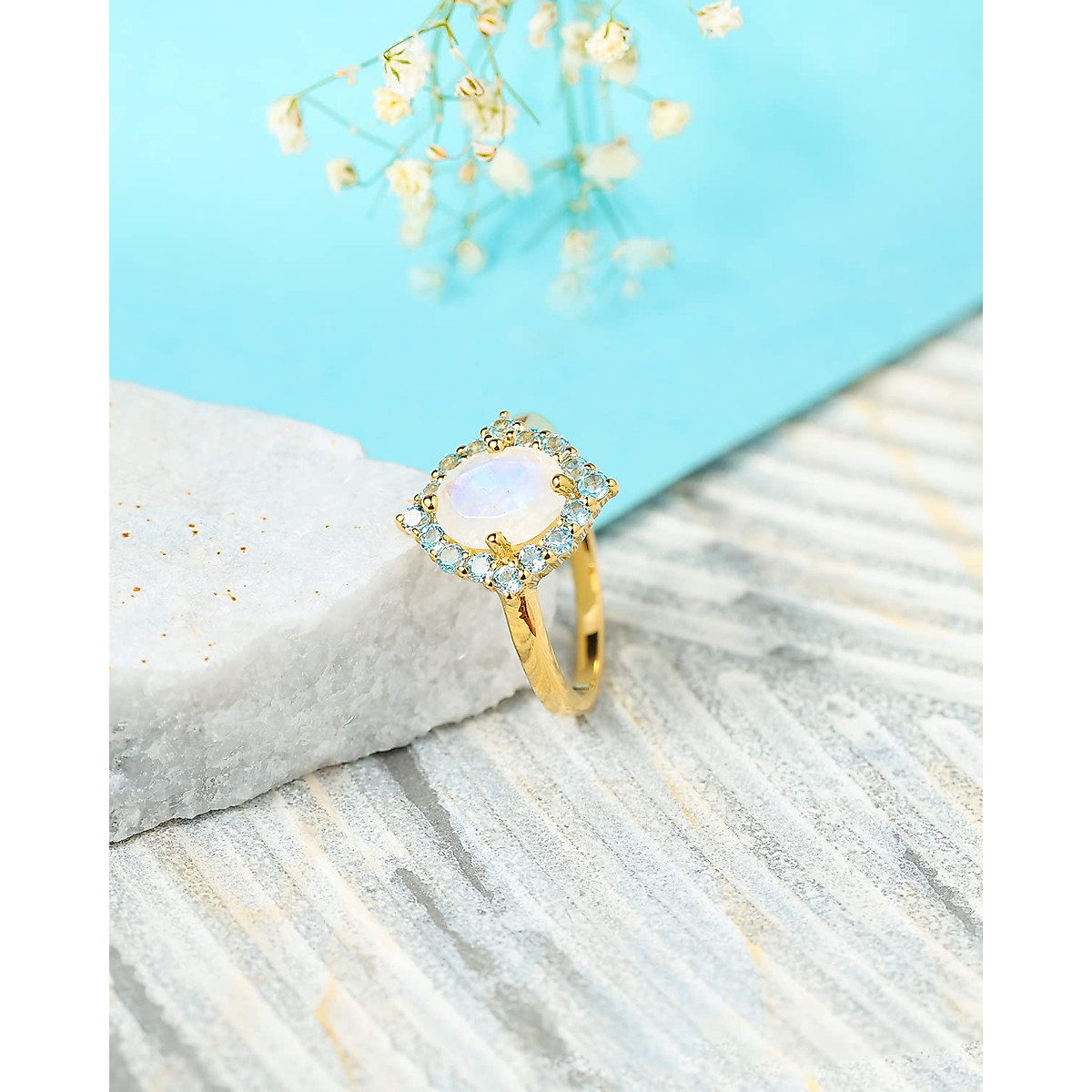 YoTreasure 2.01 Ct. Moonstone Blue Topaz 925 Sterling Silver Gold Plated Promise Ring