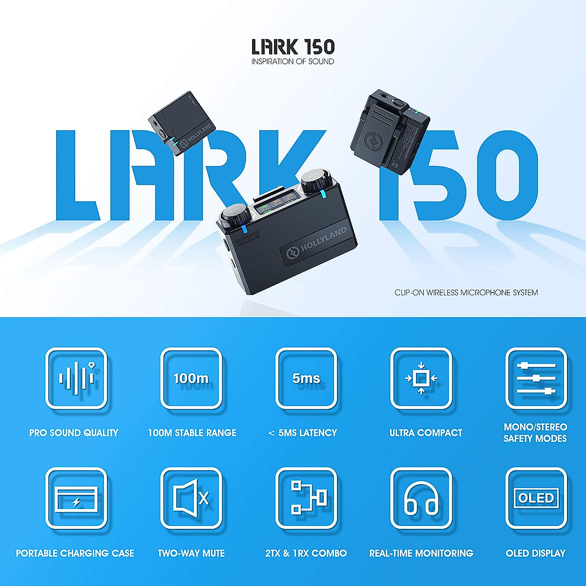 Hollyland Lark 150 Wireless Dual Microphone System,2.4GHz Digital Wireless Transmission with Charging Case