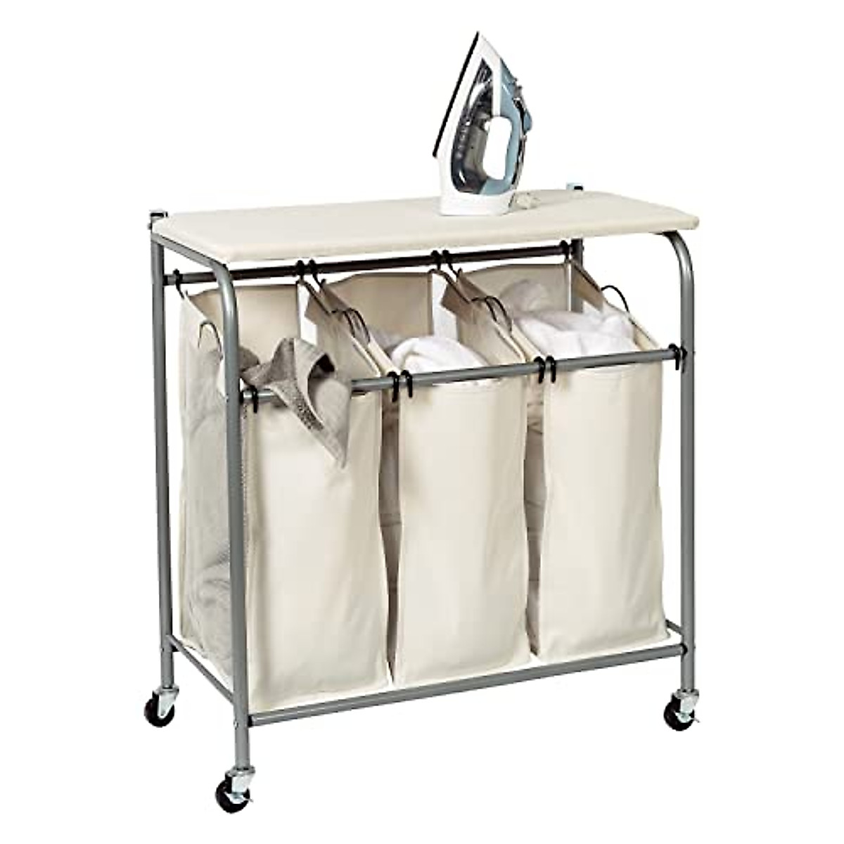 Triple Laundry Sorter with Ironing Board, 3-bin, Locking wheels, Natural