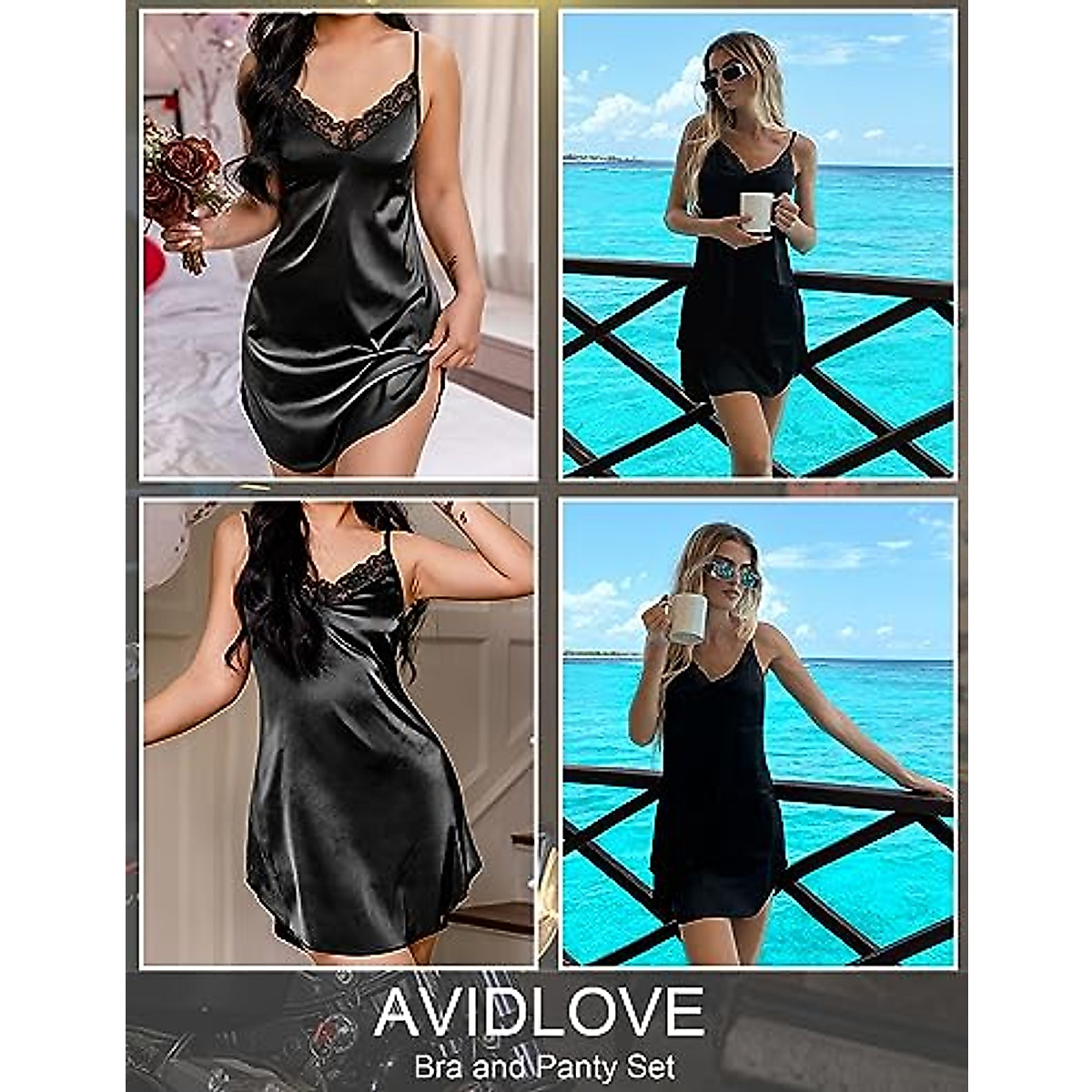 Avidlove Women's Nightwear Sexy Satin Sleepwear Lace Chemises Mini Full Slip