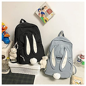 AQWEI 3D Kawaii Bunny Ear Backpack with Cute Bear Pendant for Girl School Bag Travel Backpack (Black)