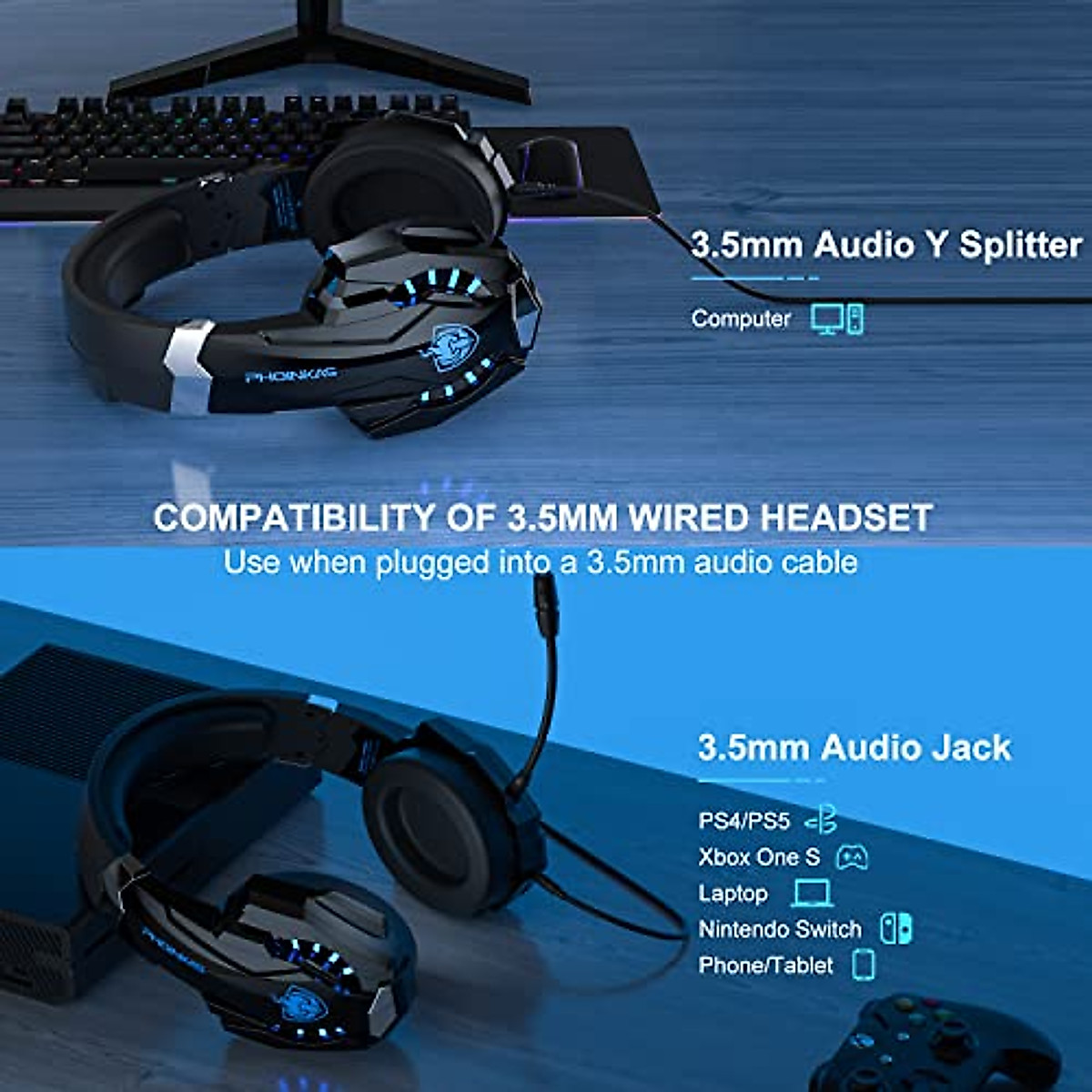 PHOINIKAS Wireless Gaming Headset with Microphone, G9000 2.4G Wireless Headset for PC PS4 PS5 Switch, Over Ear Headphones with 7.1 Stereo Sound, 3.5mm Wired Gaming Headset for Laptop/Phone/Tablet