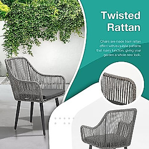 Patiorama 5-Piece Patio Dining Set, Outdoor Dining Table Chair Set, All-Weather Twisted Rattan Wicker Rope Conversation Set, Patio Furniture Set w/Umbrella Hole, 4 Cushioned Chairs&Glass Table(Gray)