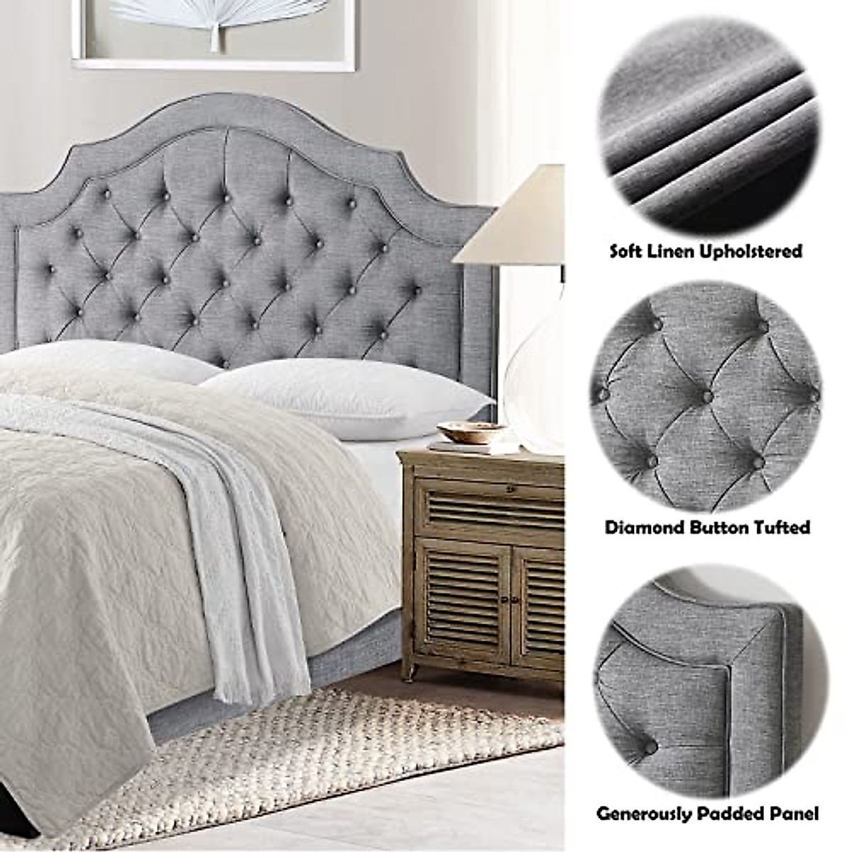 Rosevera Angelo Linen Upholstered Bed with Adjustable Headboard and Button Tufting, Full, Gray