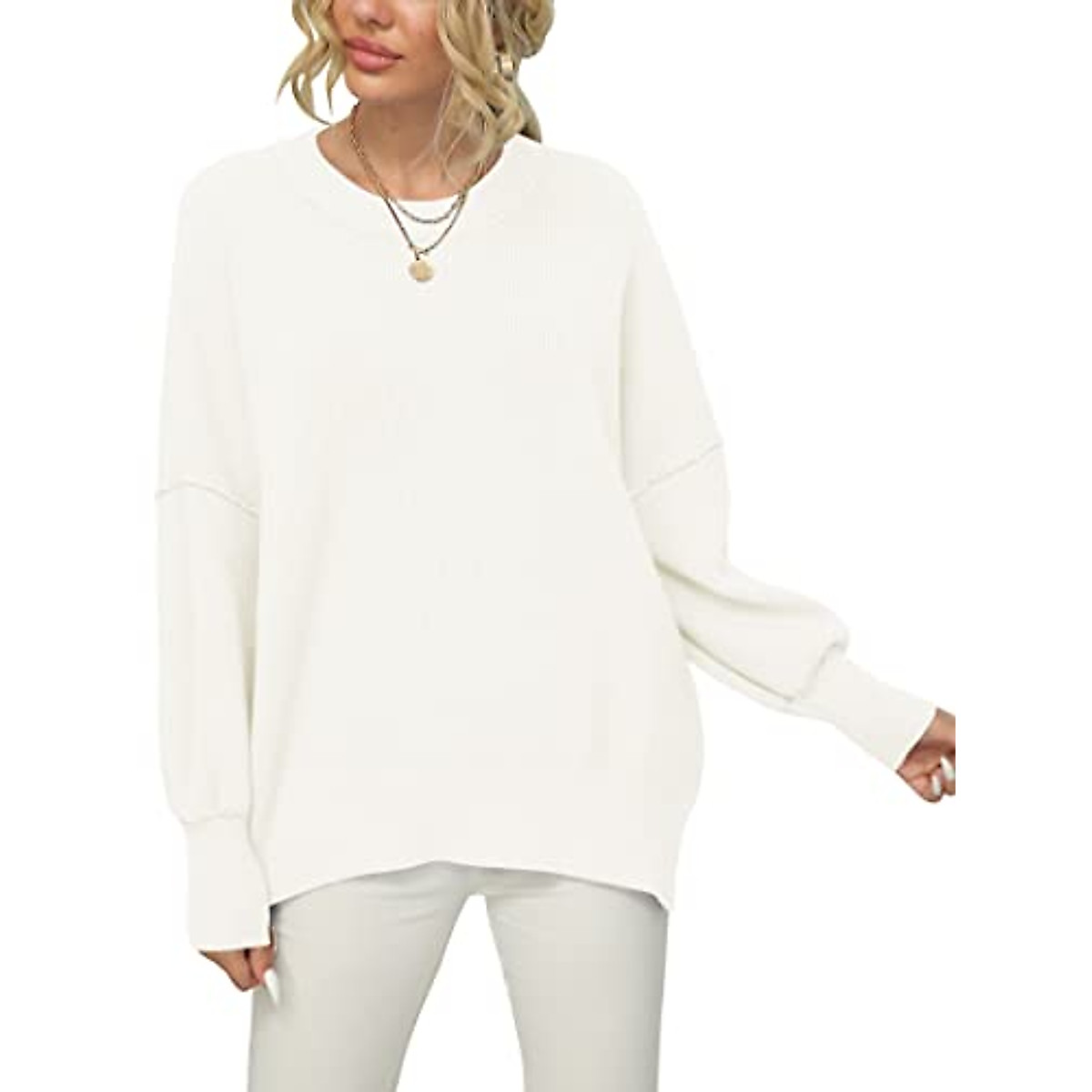 ANRABESS Women's Casual Long Sleeve Oversized Crew Neck Solid Color Side Slit Loose Warm Knit Pullover 2023 Fall Sweater Tops White A305baise-L