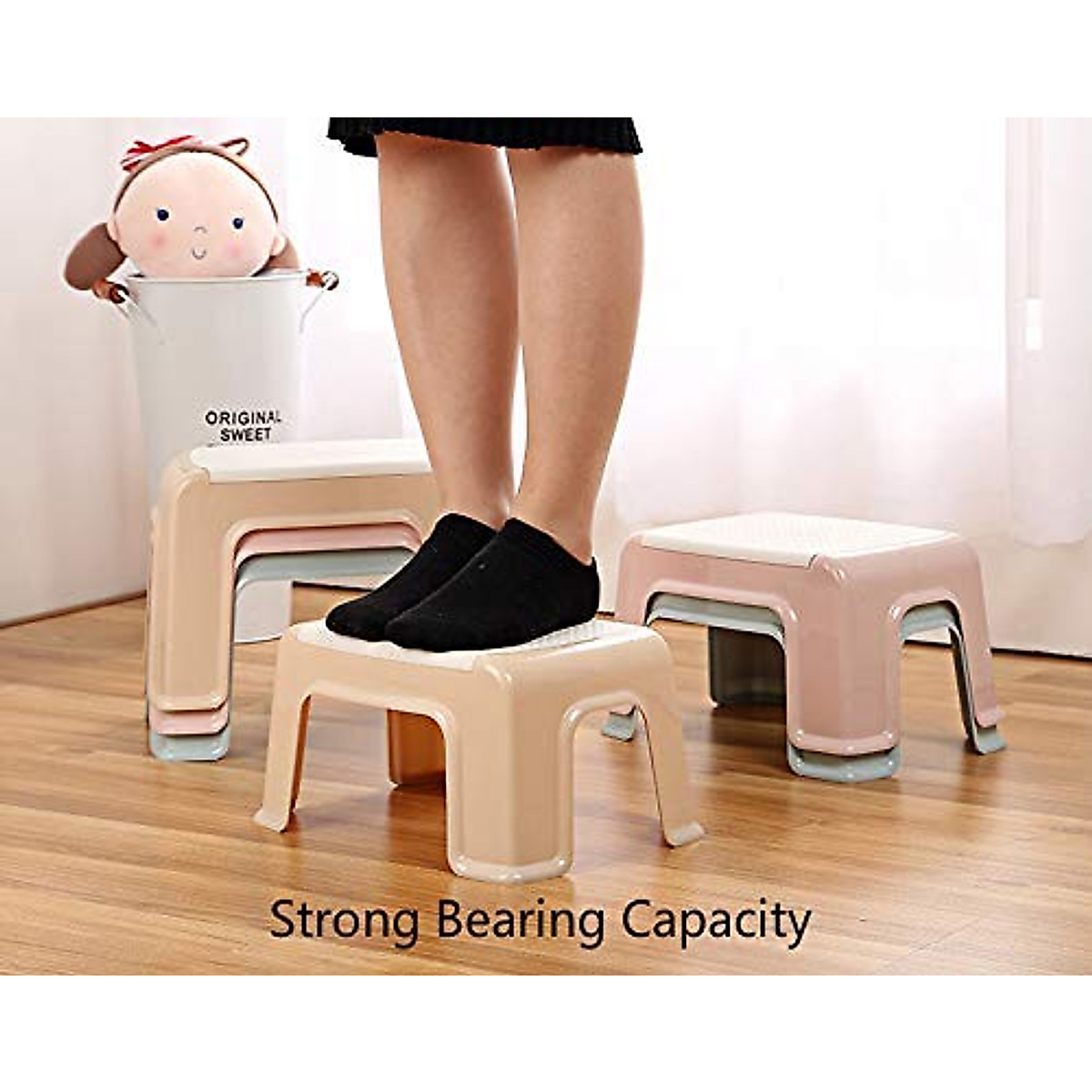 Plastic Stools Step Stool PP Plastic Seat Stools for Home, Office, Living Room Multifunctional Step Stool with Anti-Slip Pad Strong Bearing for Adults, Light Blue