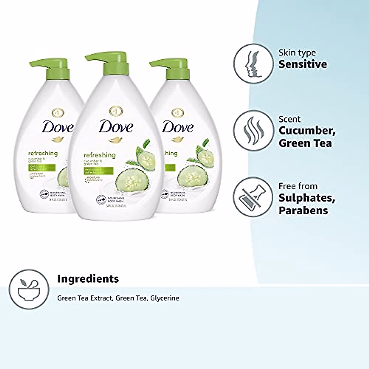 Dove Refreshing Body Wash with Pump Revitalizes and Refreshes Skin Cucumber and Green Tea Effectively Washes Away Bacteria While Nourishing Your Skin, 34 Fl Oz (Pack of 3)