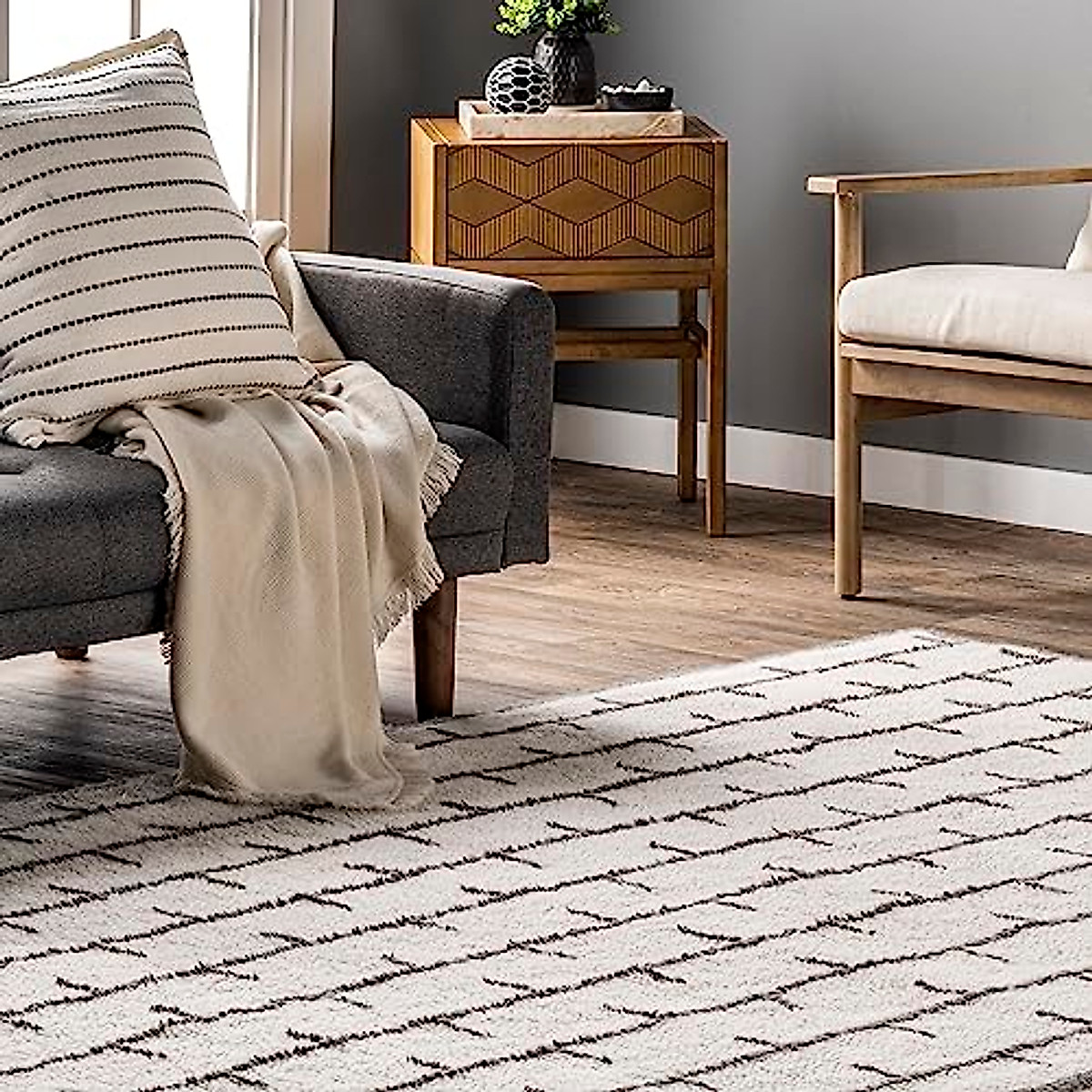 nuLOOM Zelda Machine Washable Wool Modern Geometric Area Rug, 5x8, Ivory