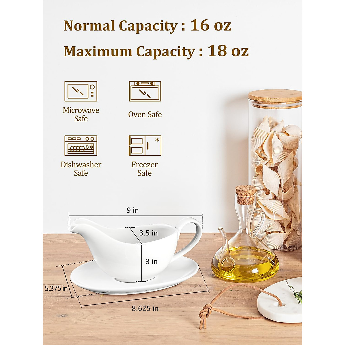 Yedio 18 oz Gravy Boat with Saucer, Large White Ceramic Gravy Boat, Boat and Tray for Turkey Beef Sauce, Salad Dressing, Creamer, Milk, Broth,Microwave and Dishwasher Safe