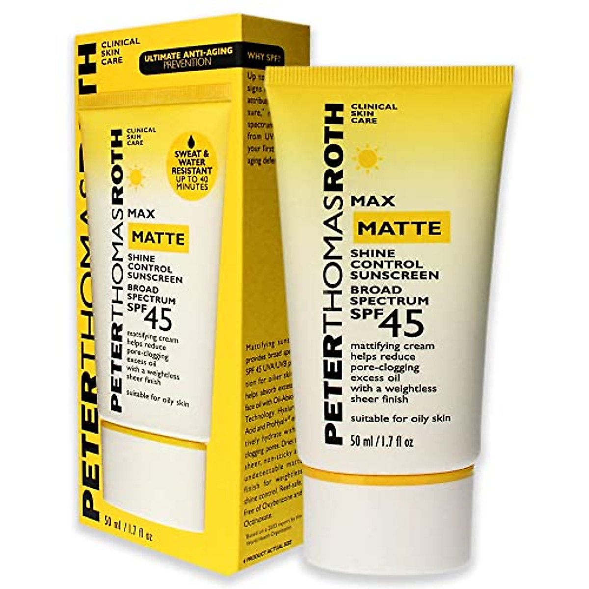 Peter Thomas Roth | Max Matte Shine Control Sunscreen Broad Spectrum SPF 45 | Mattifying Sunscreen For Oily Skin, Water-Resistant, 1.7 fl. Oz (Pack of 1)