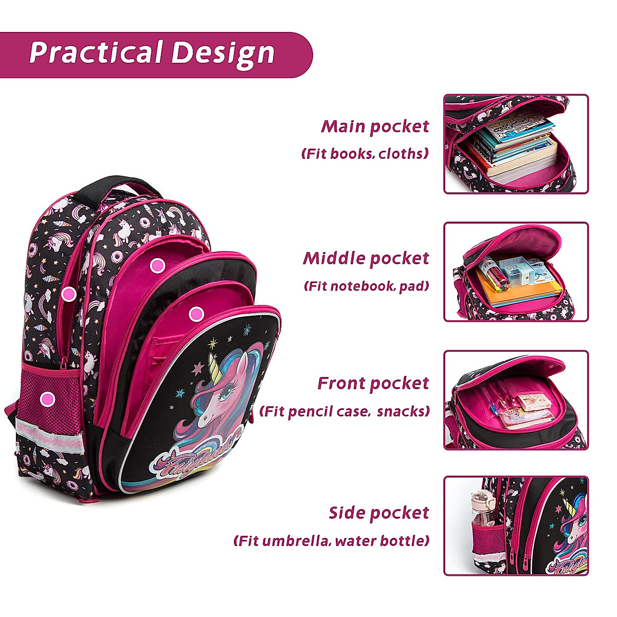 Tanou 2022 Kids Backpacks for Girls, 16'' Lightweight Breathable School Backpack, Cute Bookbags with Reflective Strip for Children 5-12 Years, Black Unicorn