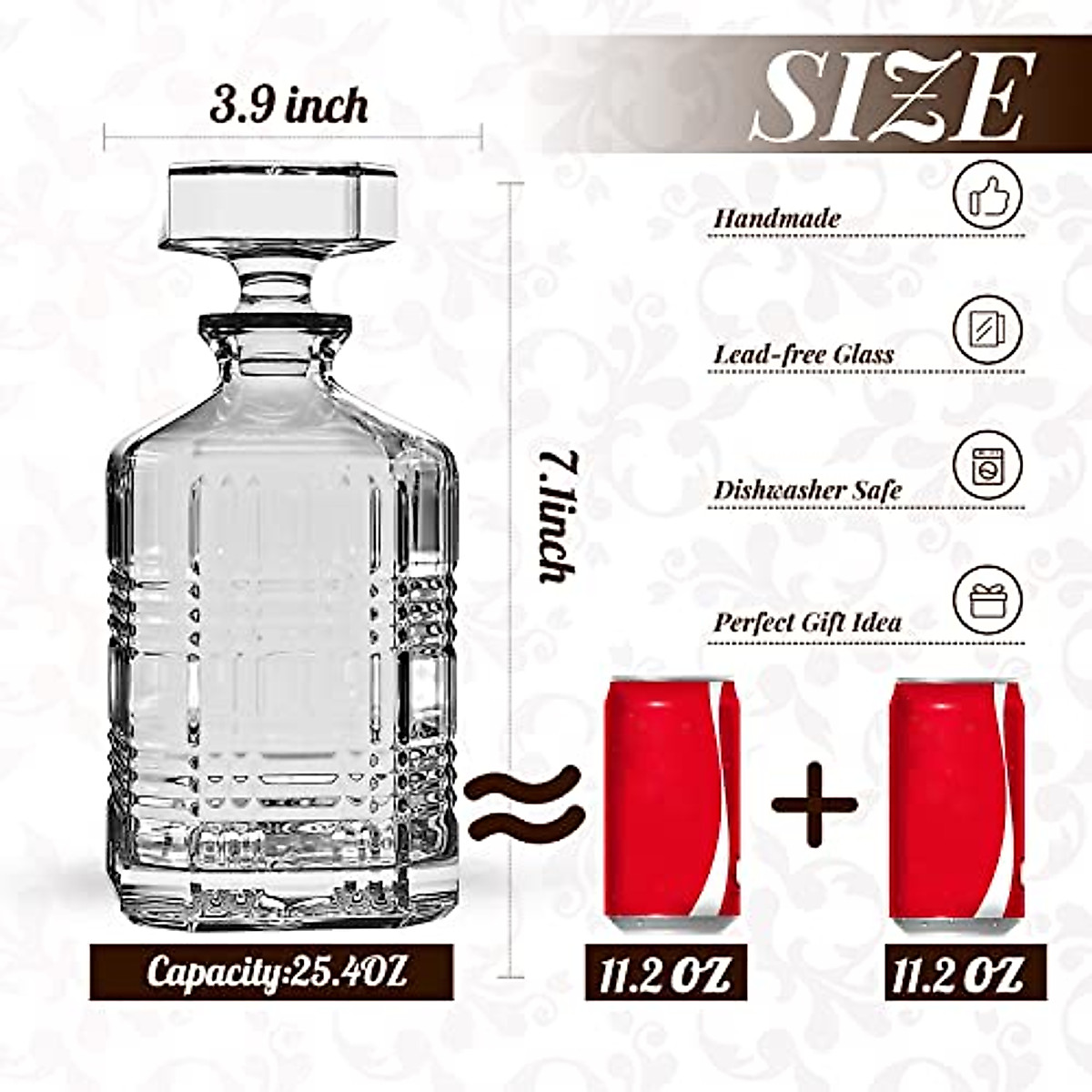 Whiskey Decanter with Sealed Irregular Stopper,Novel Lead-Free Crystal Glass Bottle, Gift for Friends,Glass Decanter for Vodka,Wine, Juice and Water (Square Lattice)