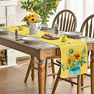 Artoid Mode Yellow Hello Sunshine Sunflower Summer Table Runner, Spring Seasonal Anniversary Holiday Kitchen Dining Table Decoration for Indoor Outdoor Home Party Decor 13 x 108 Inch