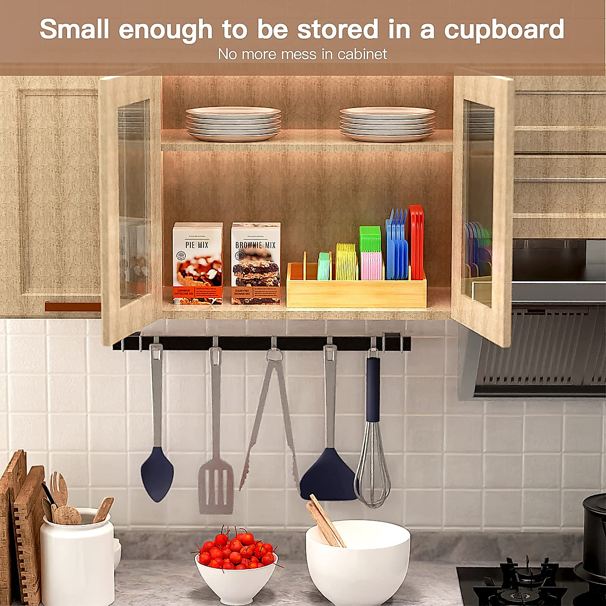 DUJEN Bamboo Food Container Lid Organizer, Kitchen Cabinet Organizer with Adjustable Dividers for Plastic Lids and Covers Storage, Kitchen Pantry Organizer for Multipurpose Lid Holder