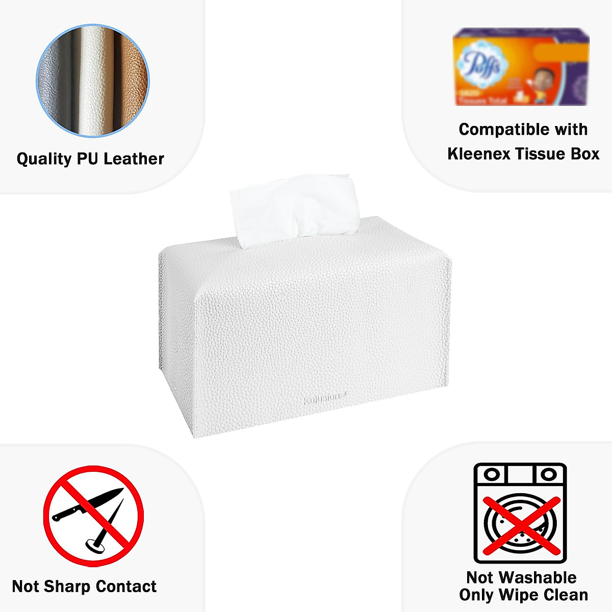 2Pcs Tissue Box Cover Holder, Rectangular with Bottom Belt - PU Leather Tissue Cover Decorative Organizer for Tabletop, Bathroom, Car, Office,9.5X5X5 Inch - White