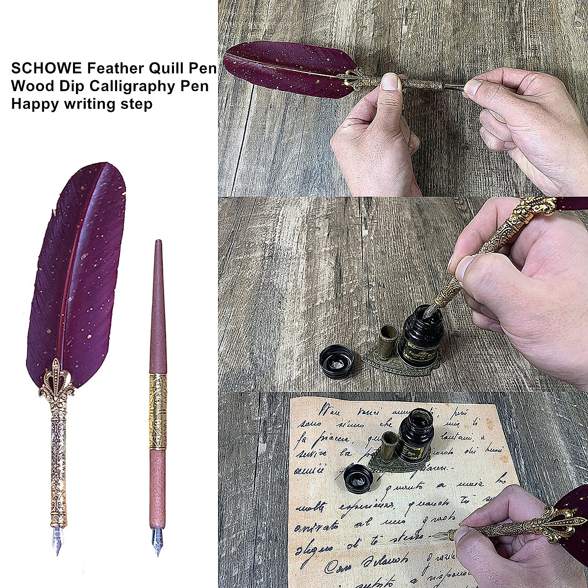 SCHOWE Feather Quill Writing Pen Wooden Dip Calligraphy Pen and Ink Set (Crown Red)