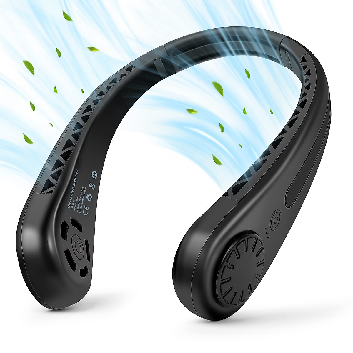 IREENUO Portable Neck Fan, Hands Free Wearable Bladeless Neckband Fan, 3 Speeds Surround Necklace USB Rechargeable Fan, Cooling Hanging Fan for Traveling Sports Office (Black)