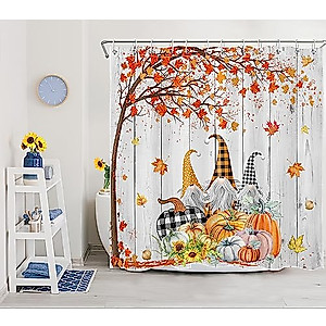 Fall Gnome Shower Curtain Thanksgiving Harvest Pumpkin Sunflower and Autumn Maple Leaf Shower Curtain Farmhouse Vintage Fabric Shower Curtain Set for Bathroom with Bath Mat and Hooks,72x72 inches