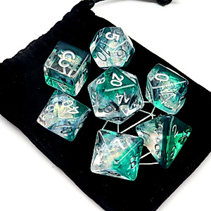 Haxtec Resin DND Dice Set 7PCS Green Clear Mylar Galaxy Polyhedral D&D Dice for Roleplaying Dice Games as Dungeons and Dragons