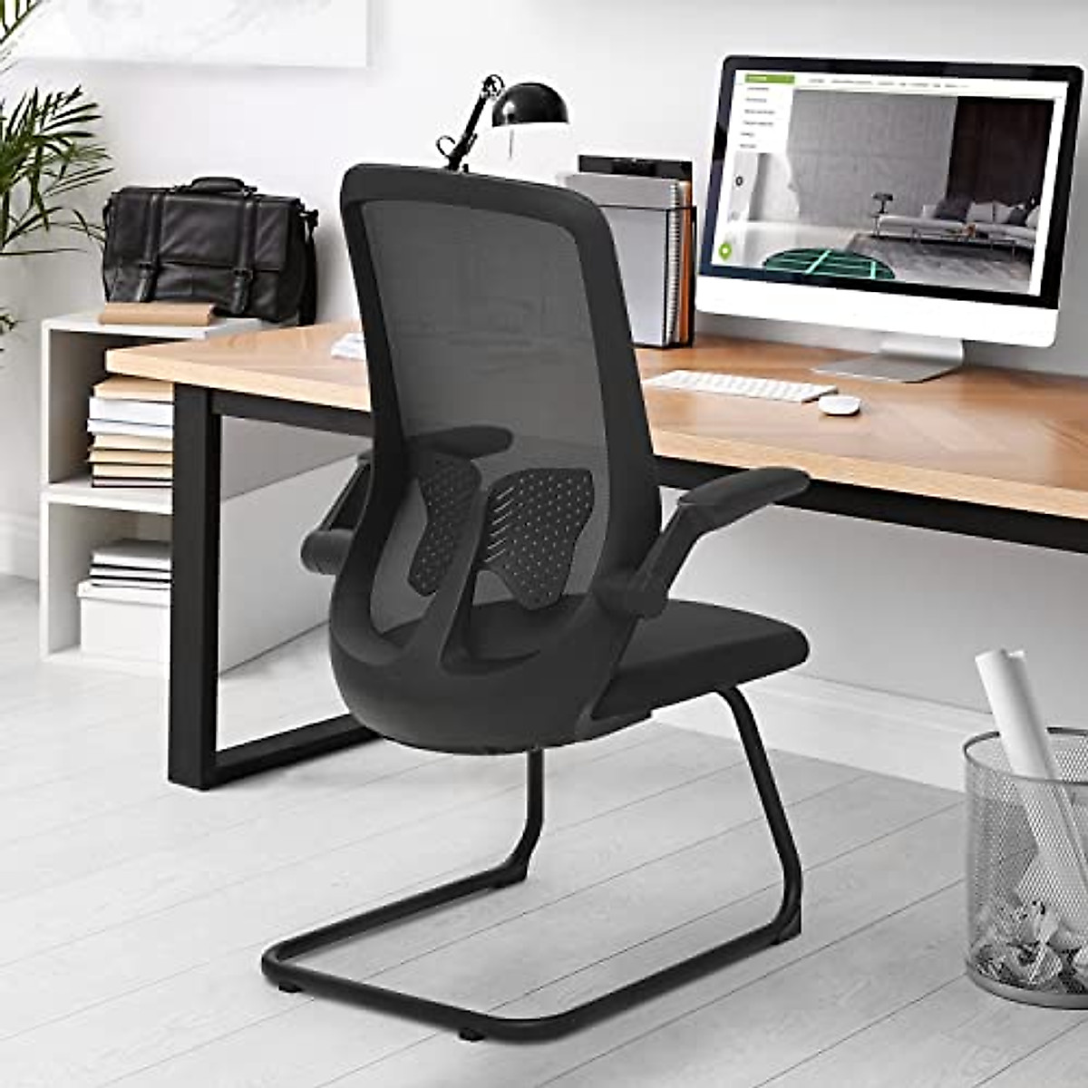 MoNiBloom Office Guest Chair Without Wheels, Executive Reception Chair with Lumbar Support and Sled Base, Mid-Back Mesh Task Chair with Flip-Up Arms for Reception Conference Wait Room, 250 LBS, Black