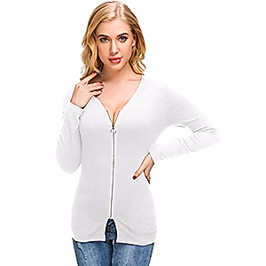 Afibi Women V Neck Zip Front Long Sleeve Casual Top Blouse Shirt/Cardigan (Large, White)