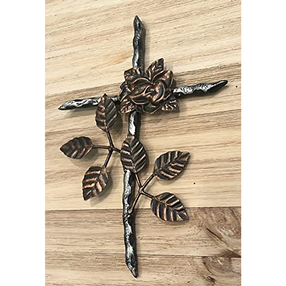 Top Brass Decorative Floral Wall Cross - Welded Wrought Iron - Leaves, Branches and Flowers Religious Metal Art Sculpture - Antique Silver/Copper Finish (Leaves and Rose)