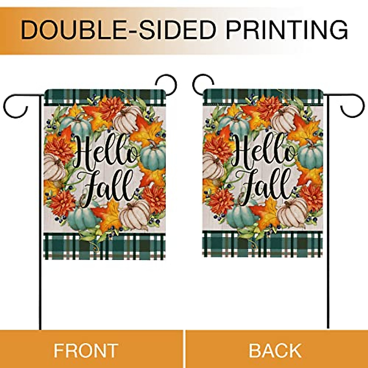 Hzppyz Hello Fall Home Decorative Garden Flag Pumpkins Maple Leaves Wreath, Welcome Autumn House Yard Blue Buffalo Plaid Decor, Farmhouse Outside Decoration Seasonal Harvest Outdoor Small Flag 12 x 18