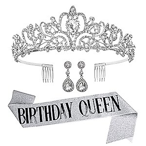 Miucat Birthday Crowns for Women, Birthday Sash and Tiara for Women, Silver Birthday Queen Sash and Crowns for Women Girls Birthday Gift